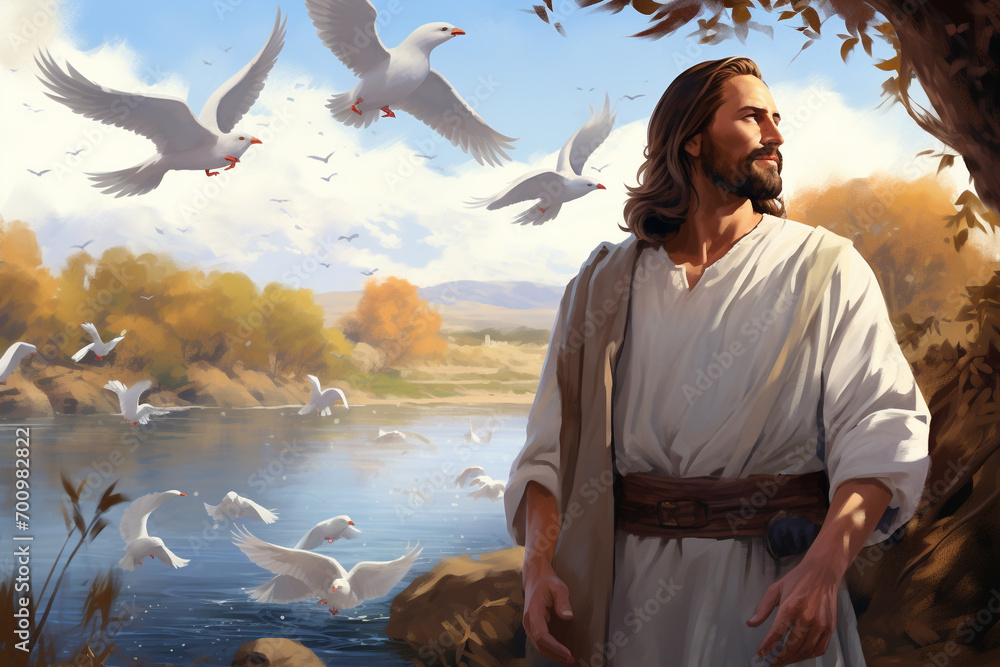 Jesus Christ in paradise, angels, doves, pigeons, Messiah, Savior and ...