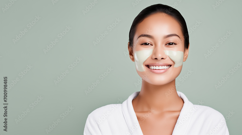 Smiling East Asian Woman with Green Clay Facial Mask. Female Enjoying ...