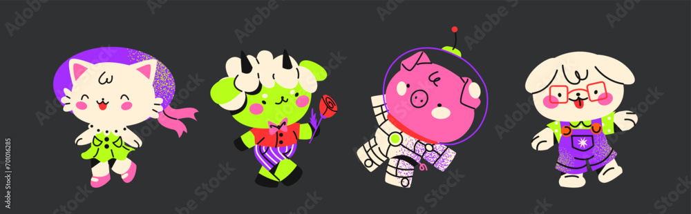 Y2k animals robots futuristic retro cartoon style. Animal head mascots ...