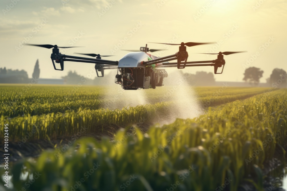 Stock-Foto „Farmer using drone to irrigate corn field from pests. Fusion of technology and ...