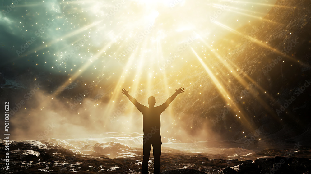 Stock-Foto „Christian praying to God and man shouting with arms raised ...