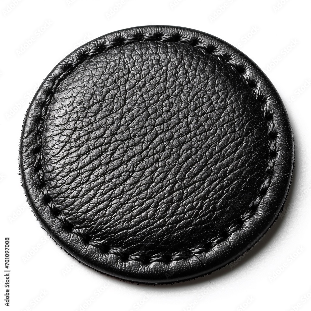 Round black leather patch with seam isolated on white background. To ...