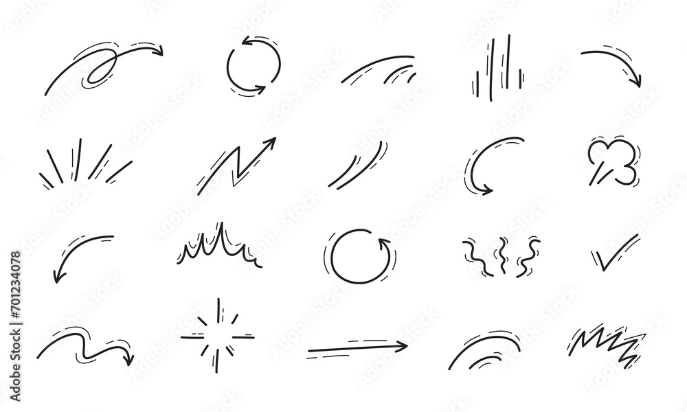 Hand drawn doodle movement motion lines, arrows and puff clouds ...