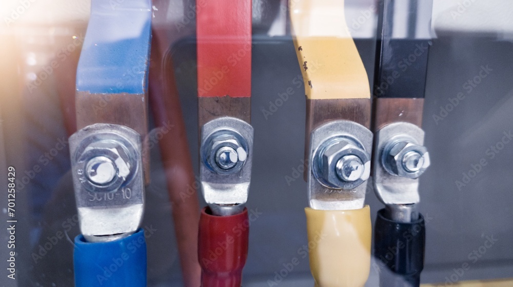 R S T Power Cables connection with copper busbars in electrical power ...