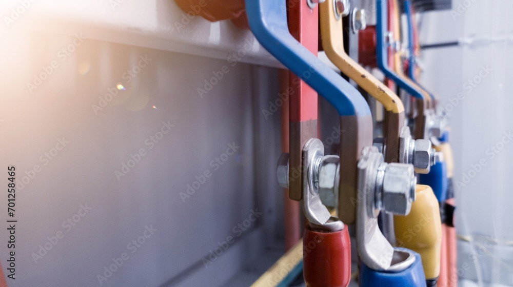 R S T Power Cables connection with copper busbars in electrical power ...