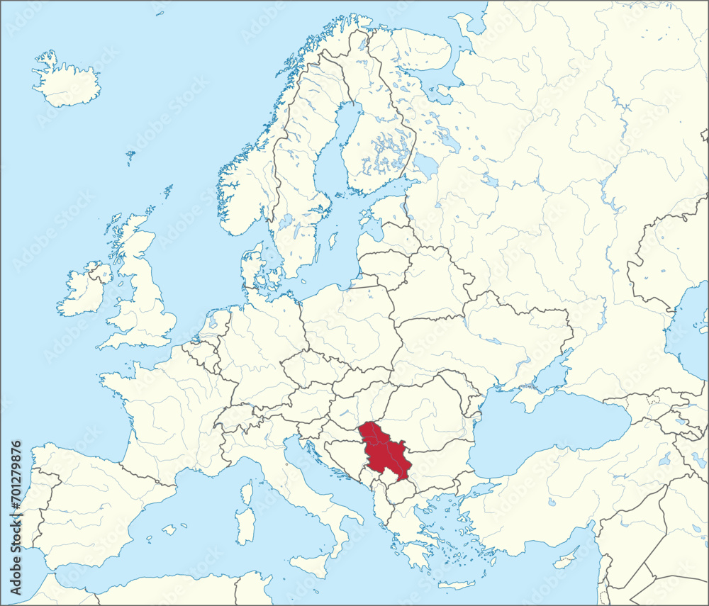 Red CMYK national map of SERBIA inside detailed beige blank political ...