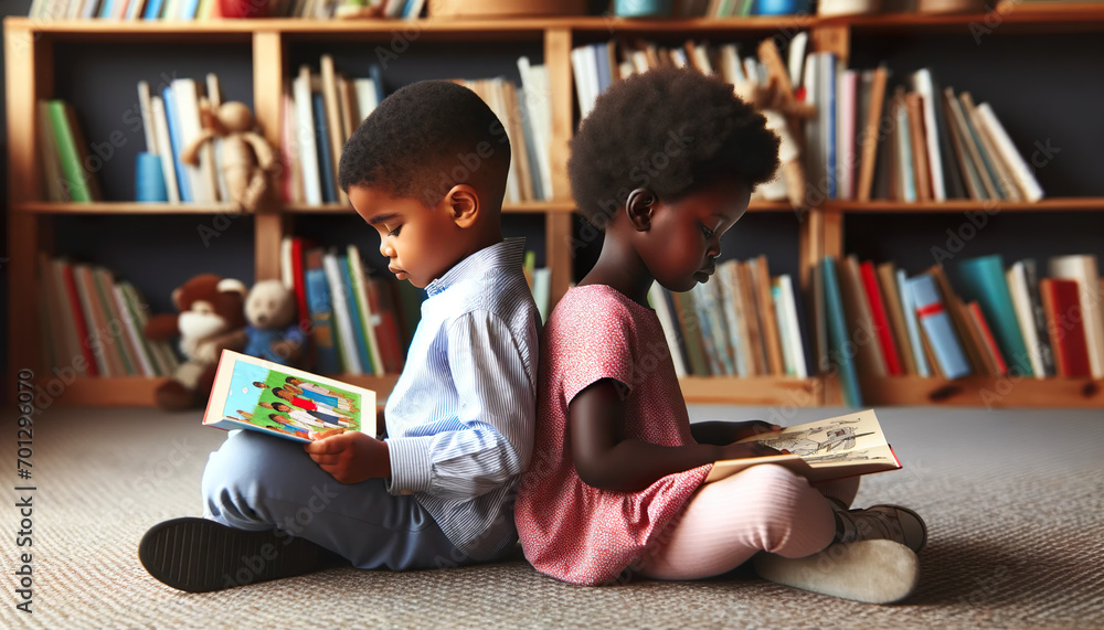A young African boy and a girl sitting back to back reading books in ...