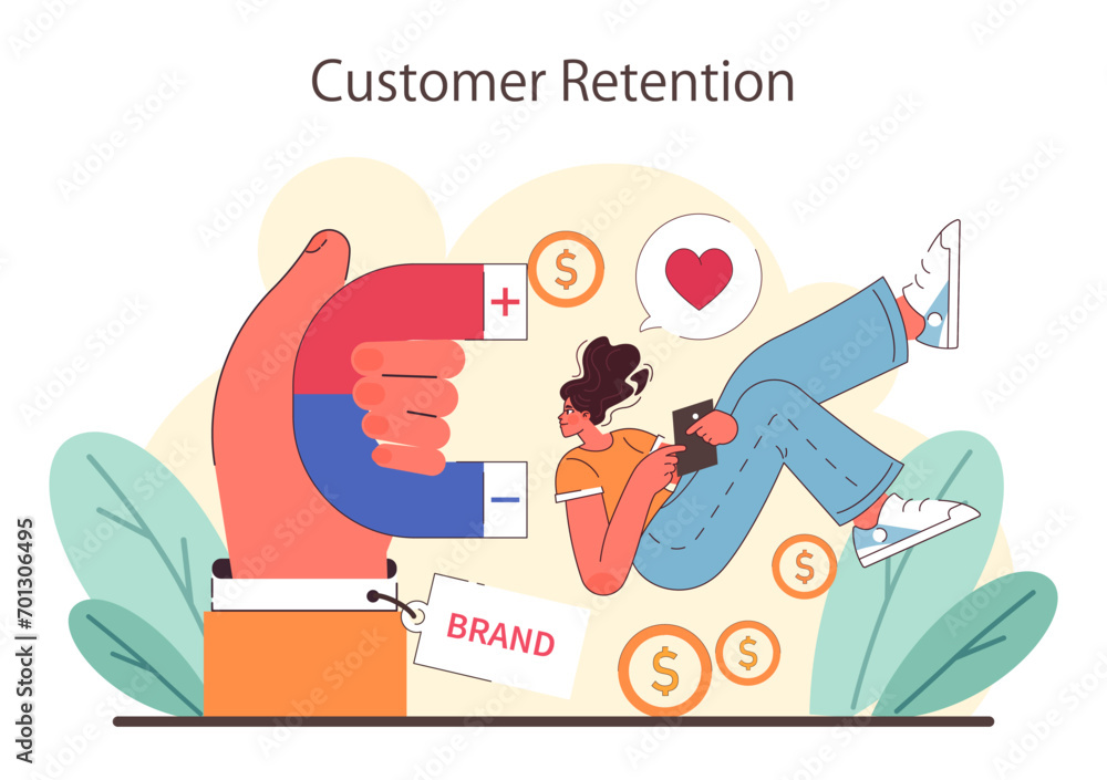 Customer Retention concept. A magnet in brand colors attracts a content ...