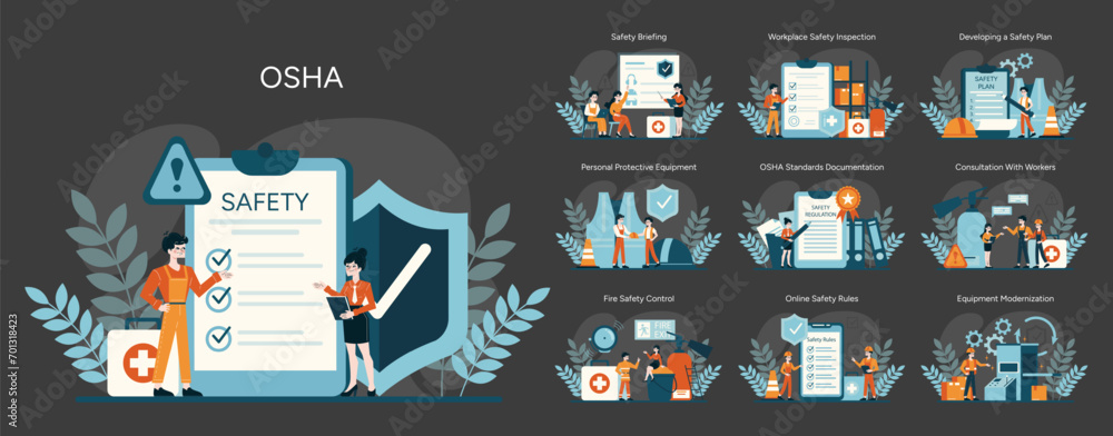 OSHA set. Workplace safety procedures and emergency readiness. Employee ...
