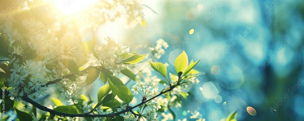 A fresh spring blue sunny sky background with blurred warm sunny glow ...