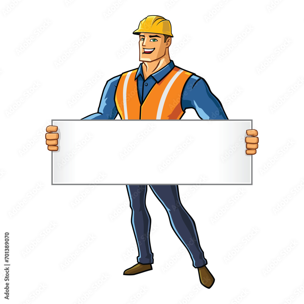 Construction worker superhero with blank sign board cartoon mascot ...