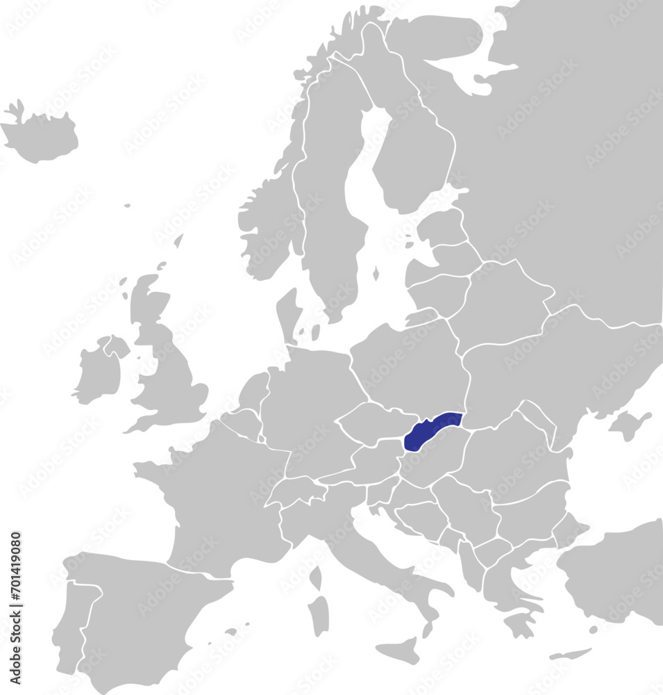 Blue CMYK national map of SLOVAKIA inside simplified gray blank ...