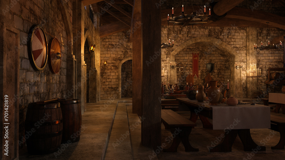 Old medieval dining hall at night with Viking shields hanging on the ...