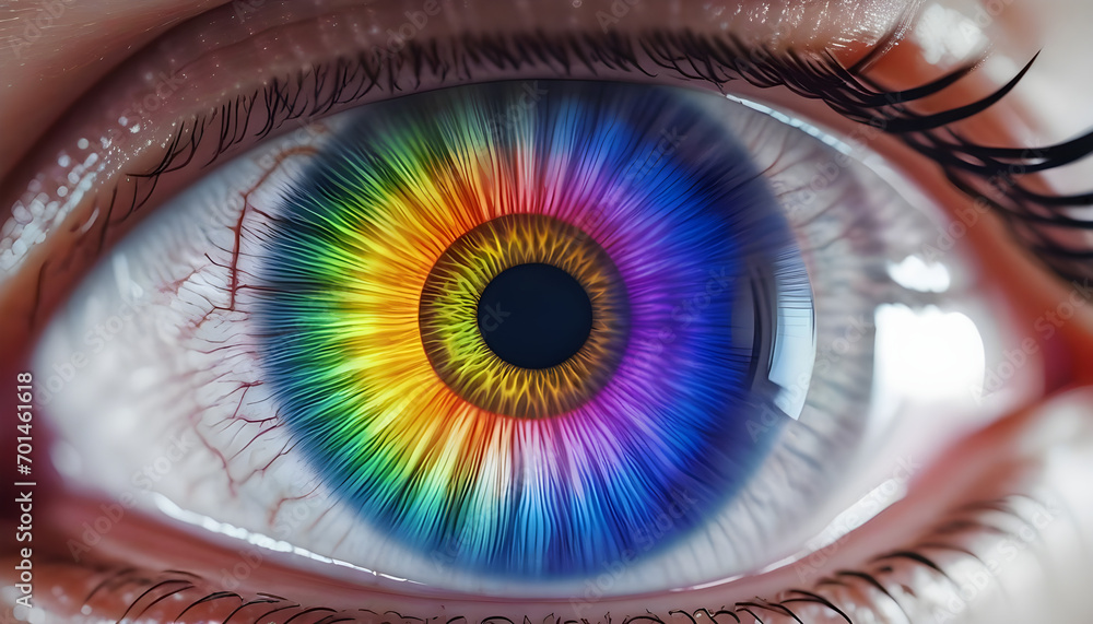 Human multicolored iris of the eye animation concept. Rainbow lines ...