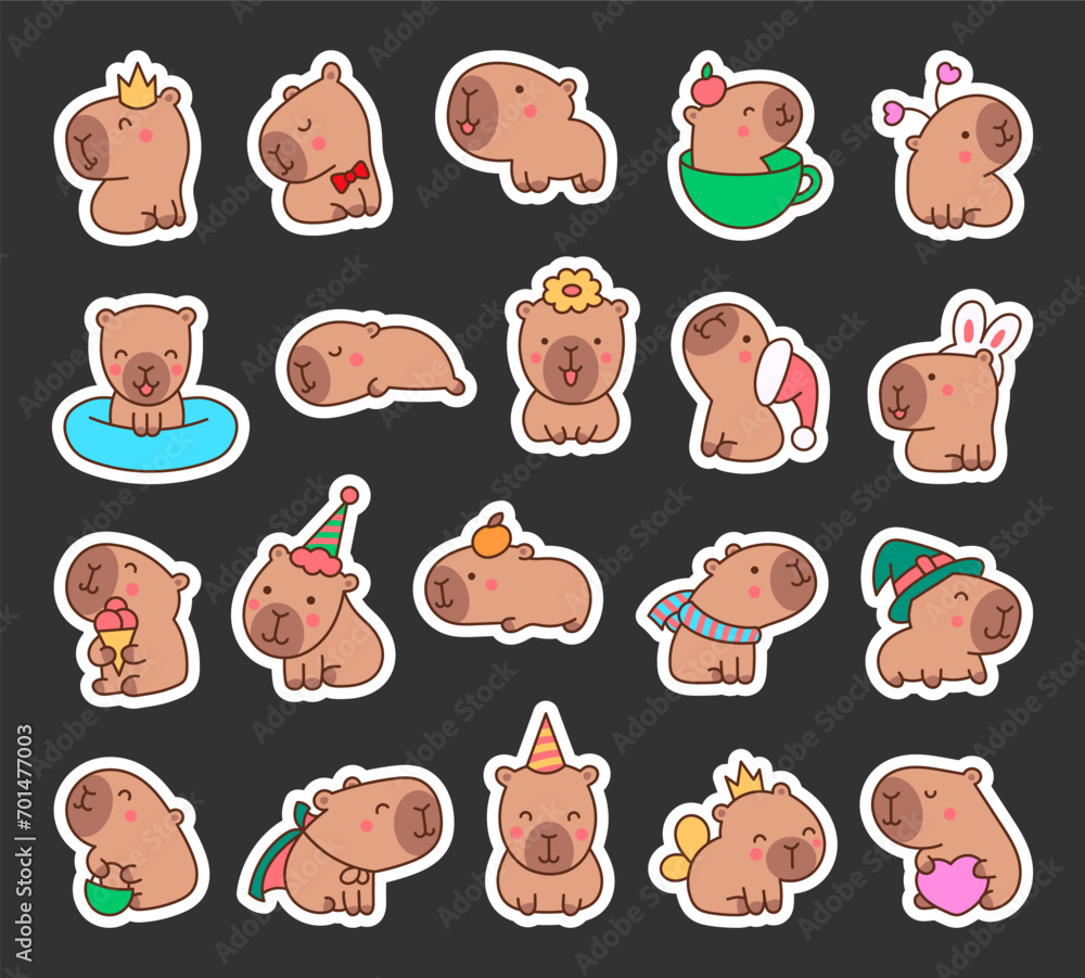 Vector de Stock Cute cartoon kawaii capybara. Sticker Bookmark. Animal ...