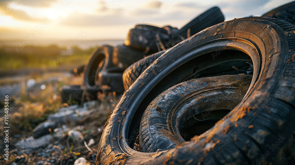 Pile of old tires for rubber recycling. Treatment of used tires and ...