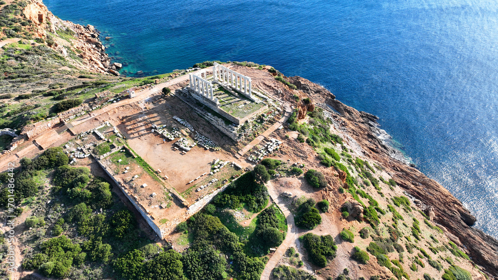 Aerial drone photo of iconic archaeological site of Cape Sounio and ...