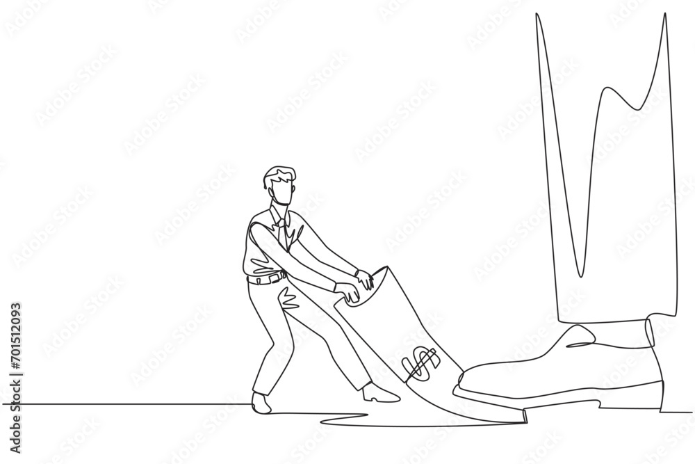 Single one line drawing businessman pulling banknotes that were stepped ...