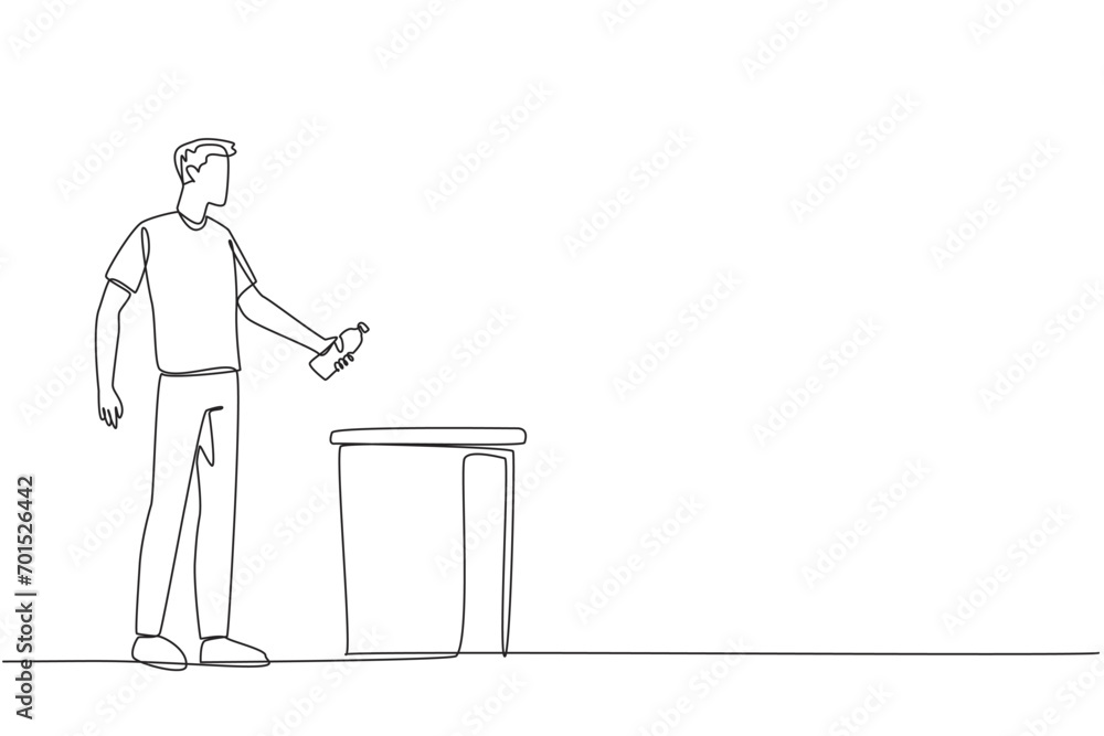 Single one line drawing a man throw used plastic bottles into ...