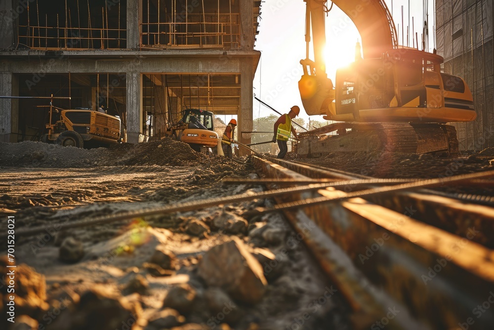 Heavy Machinery: Construction Workers Operating Excavators at a ...