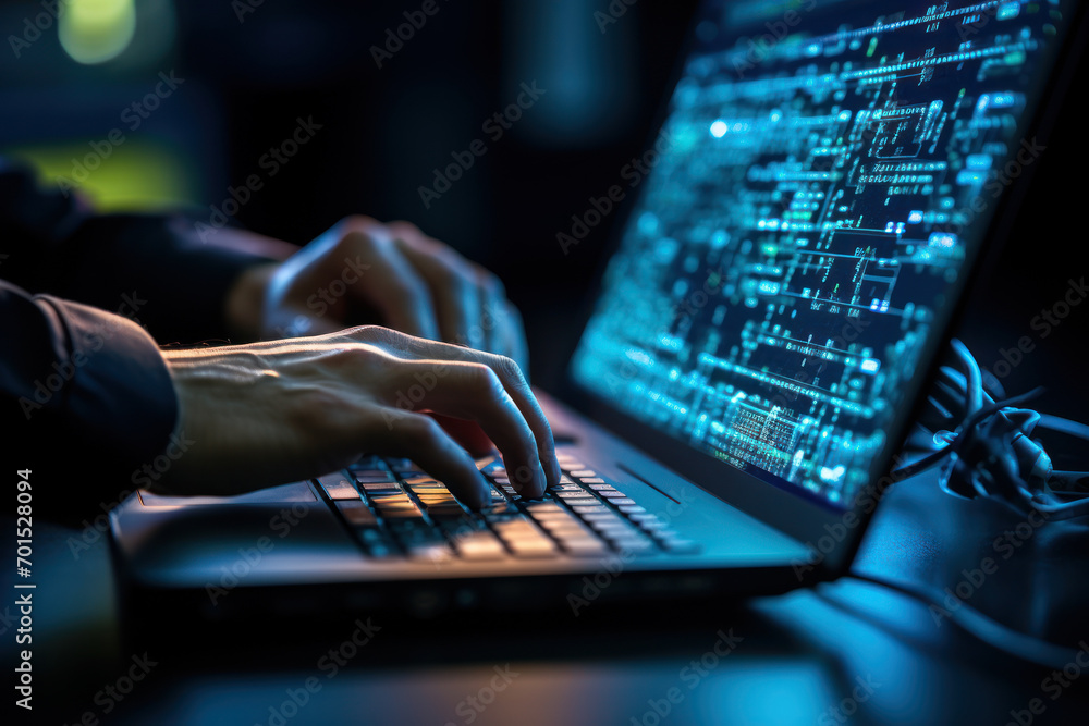 A software developer typing lines of code with focus and determination, symbolizing the ...