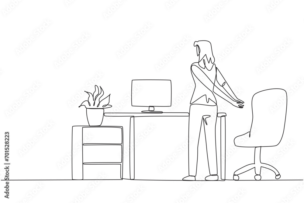 Single continuous line drawing woman stands with her hands behind her ...