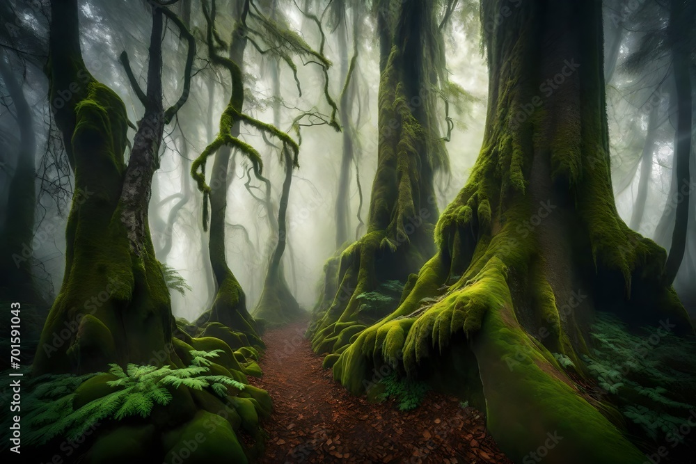 dense, mystical fog rolling through an ancient forest, with towering trees and moss-covered ...