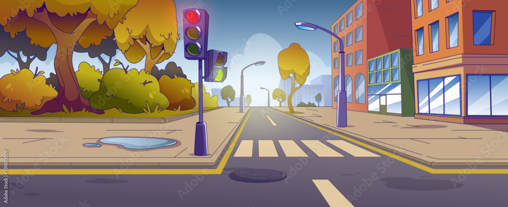 Autumn city street with road crossing and park. Vector cartoon ...