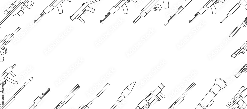Weapons horizontal outline banner. Military weapons silhouettes ...