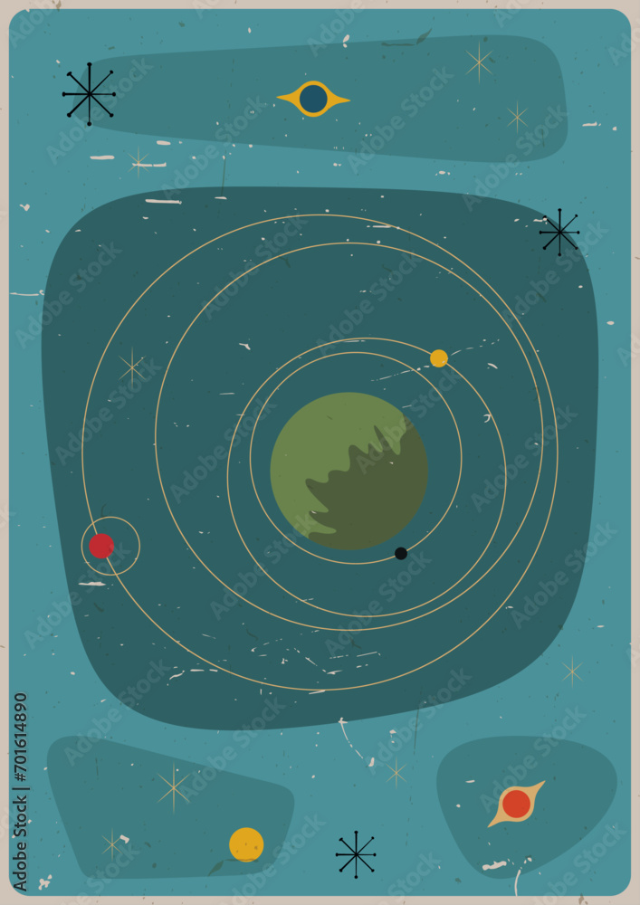 Atomic Age Space Illustration, 1950s Style Wallpaper, Mid Century ...