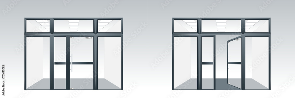 Shopping Mall Double glass doors with metal frame and handles. Vector ...