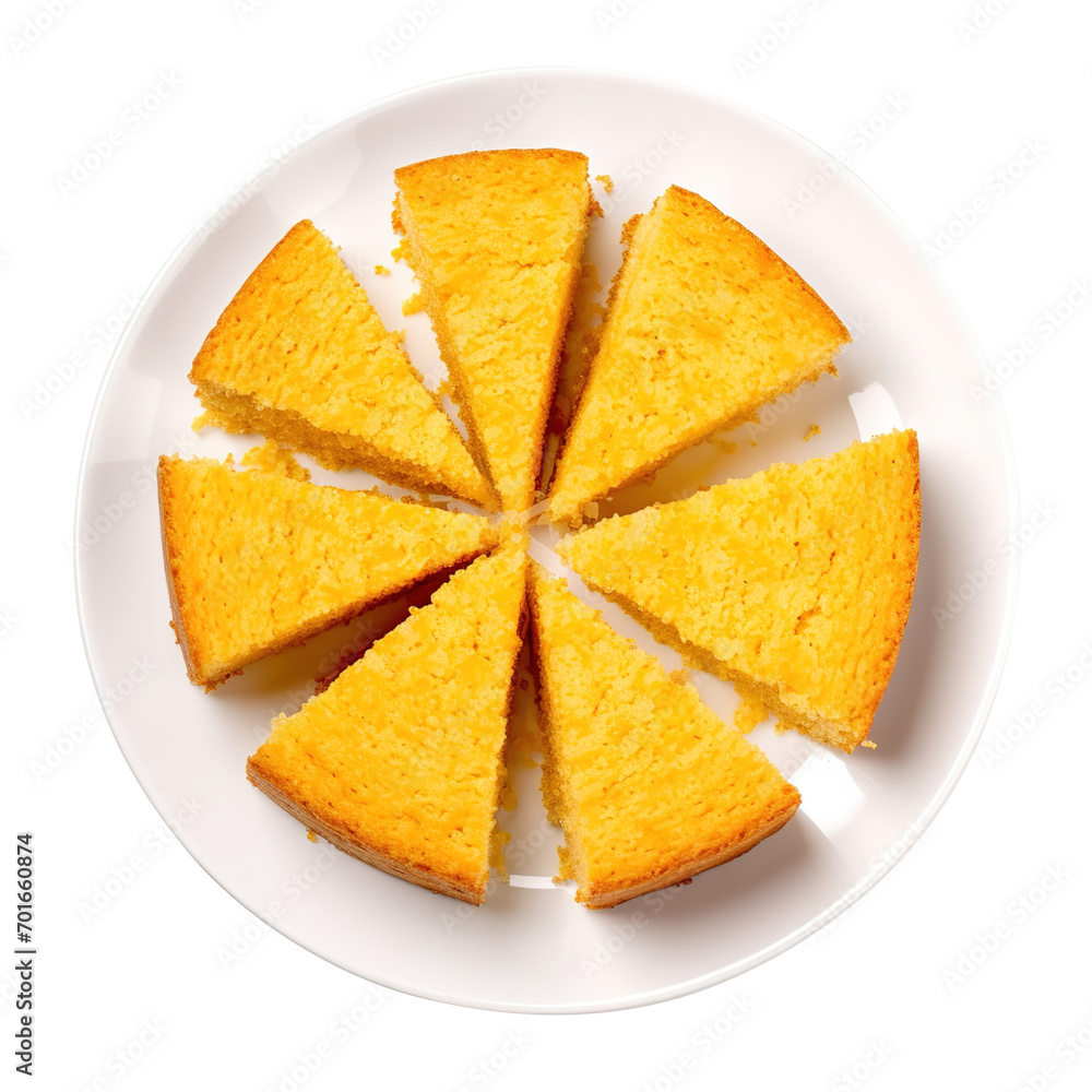 Delicious cornbread slices on a plate top view isolated on transparent ...
