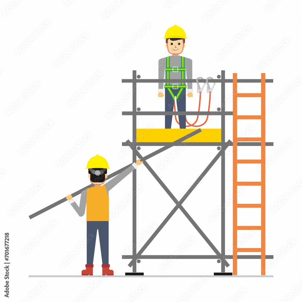 Two workers build a single layer of tubular scaffolding. Flat vector ...