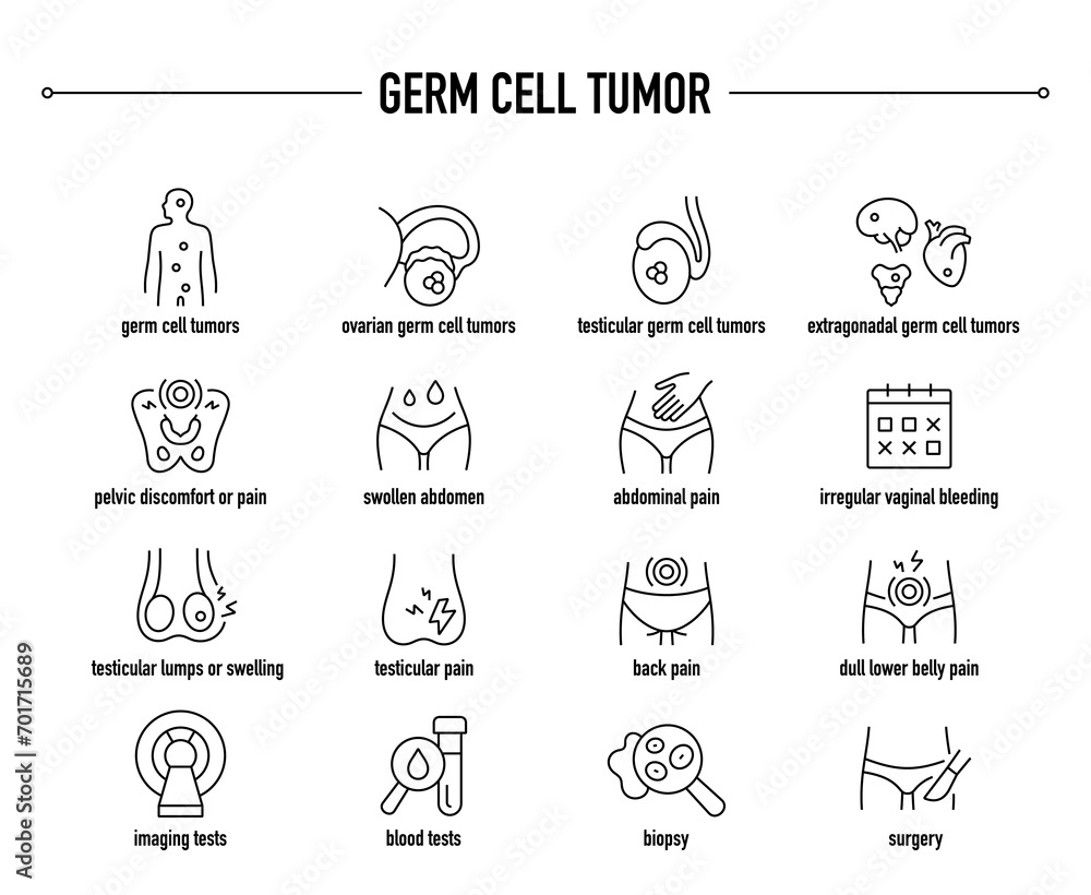 Germ Cell Tumor symptoms, diagnostic and treatment vector icons. Line ...