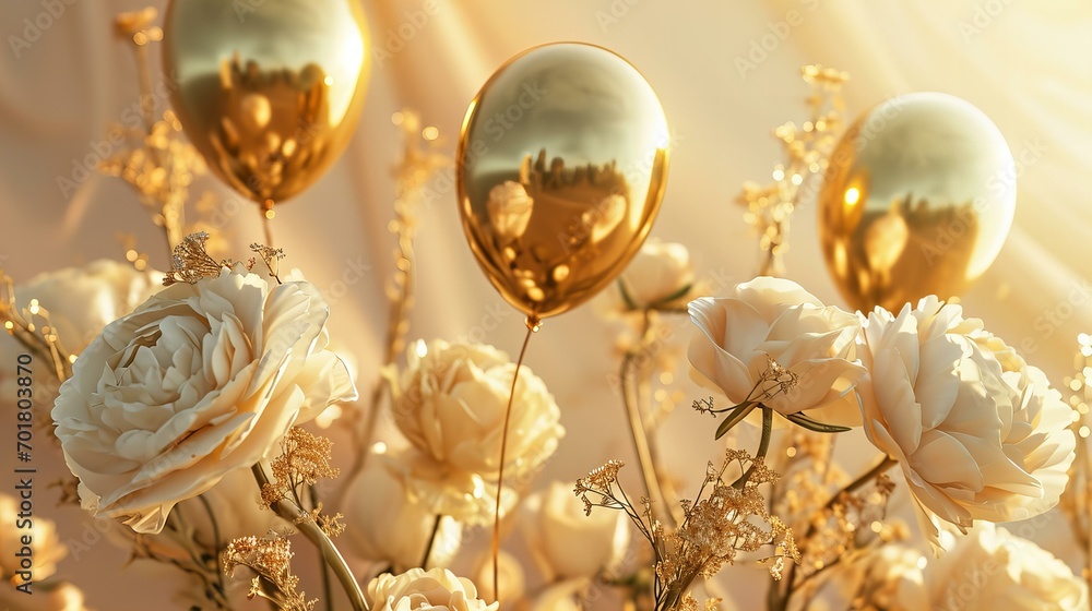 Gold foil balloons with flying white roses and ranunculuses on an ivory ...
