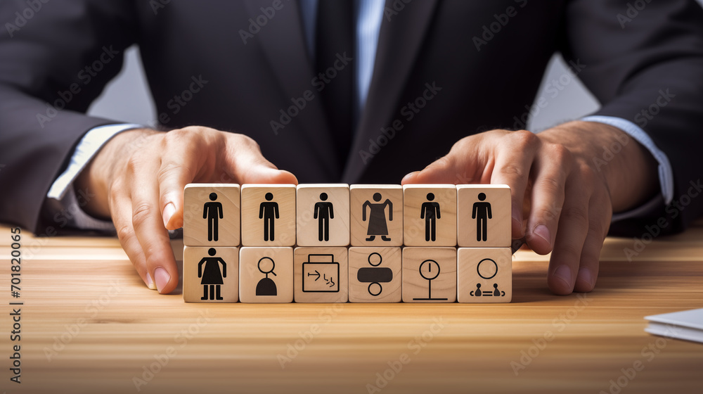 A decisive hand in black attire adjusts wooden tiles featuring various ...