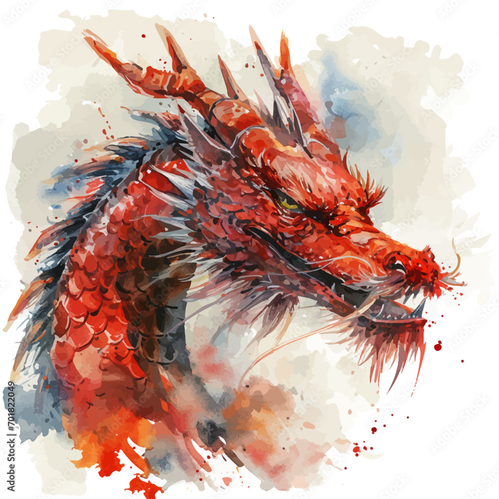 red chinese dragon set with watercolor brush paint isolated on white ...