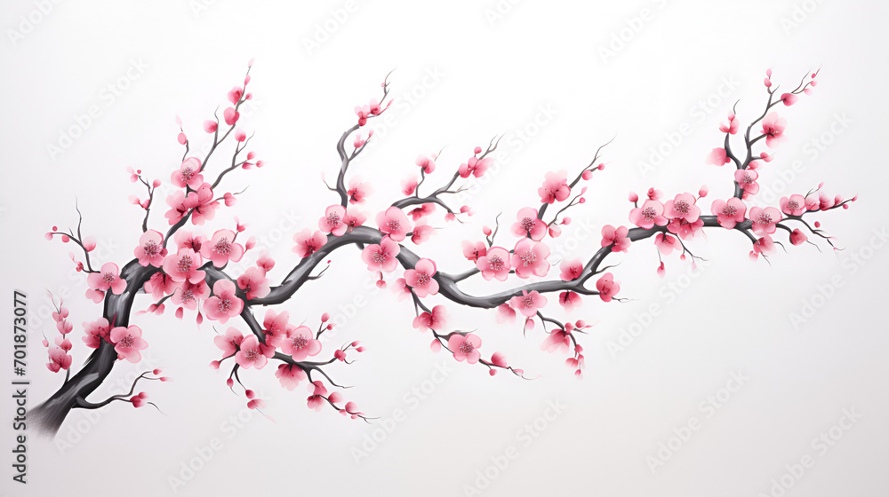 white background with branches of Japanese cherry trees with a ...