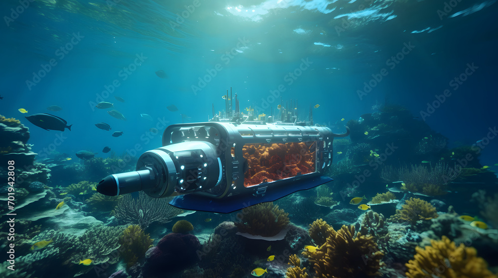 Underwater robotic submarine exploring coral reefs and marine life for ...