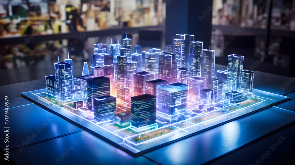 Holographic city model displayed in an urban planning office showing ...
