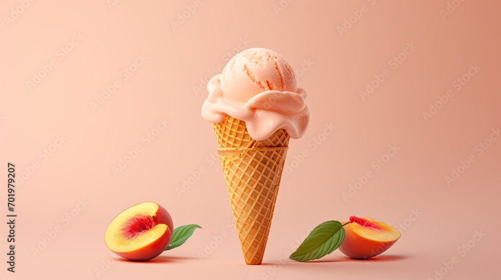 Peach ice cream on monochrome Peach Fuzz color. Gelato balls in a ...