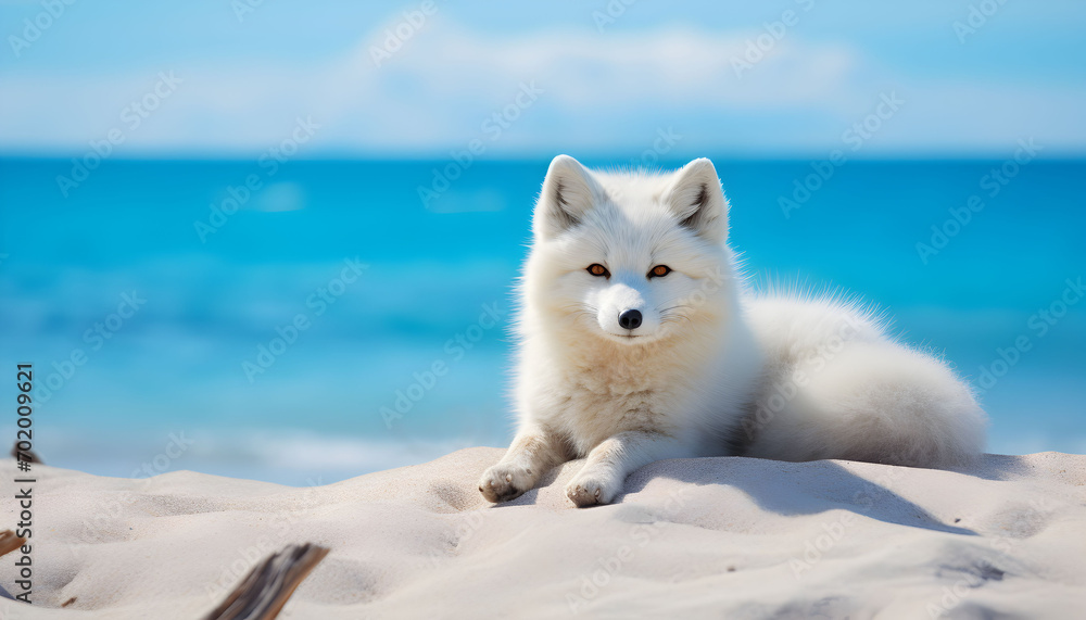 Cute white fox lying resting relaxing on light beige beach sand by ...