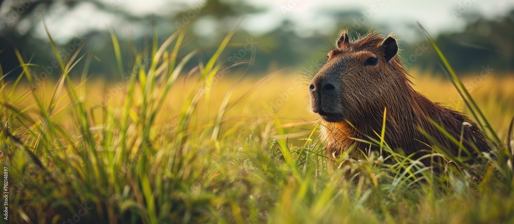 Beautiful view to capybara rodent on open field in the Brazilian ...