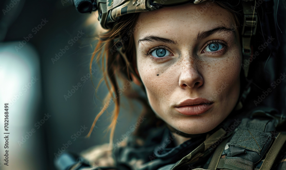 Intense portrait of a determined female soldier in tactical gear ...