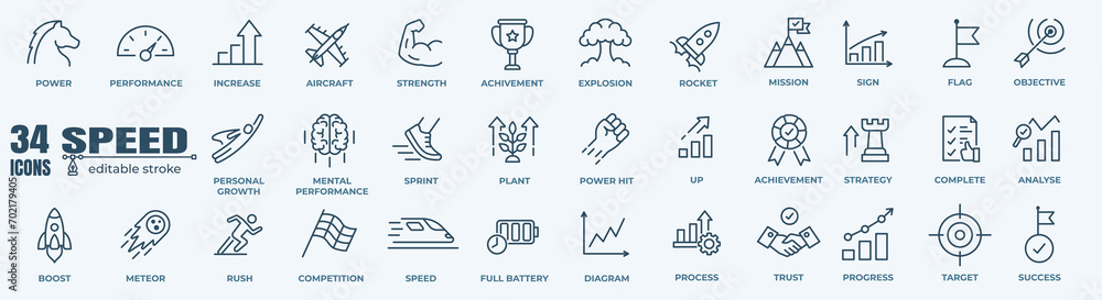 Speed and performance icon set. Containing fast, productivity ...