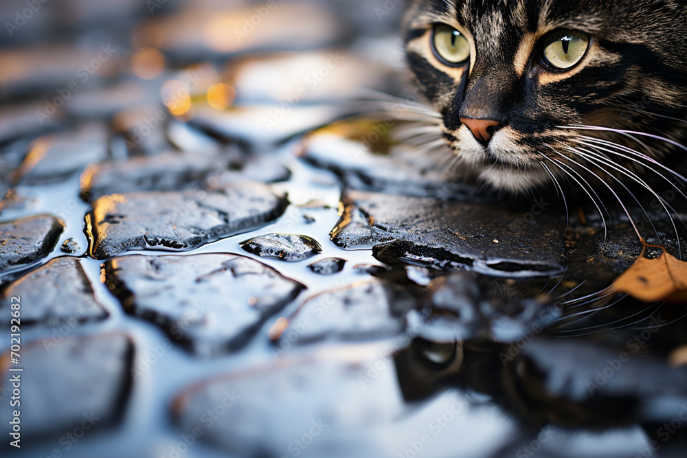 Detailed shot of wet cat paw prints on tile, emphasizing the ...
