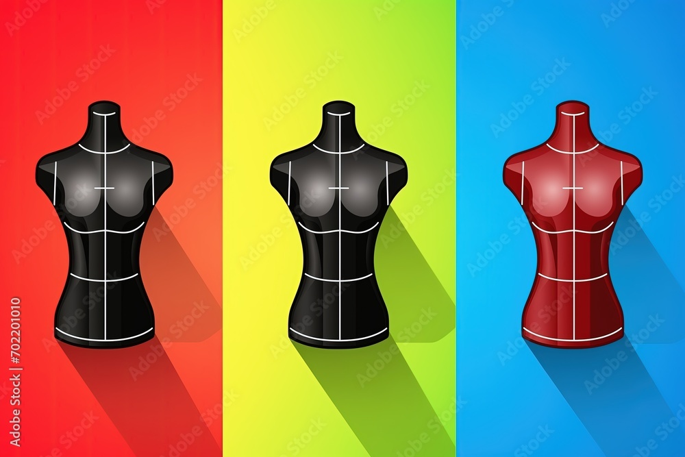 Three mannequins on colorful background. Dummy. Tailor. Red, lime and ...