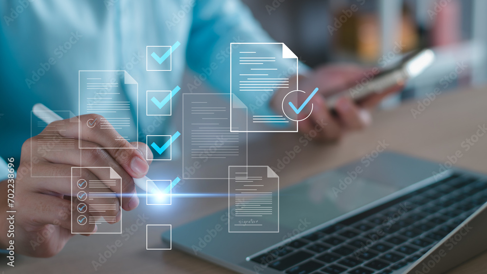 Foto de Stock Check list concept. Businessman tick off questionnaire ...