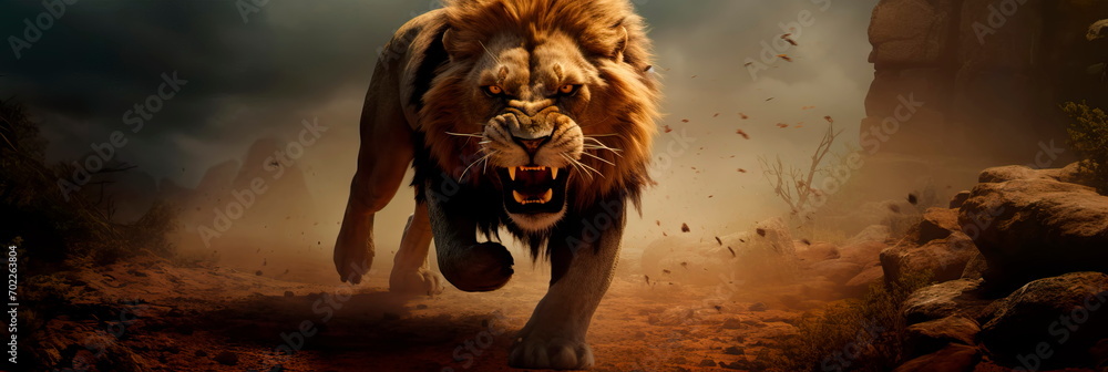 lion's commanding presence as it leads a coordinated ambush, showcasing ...