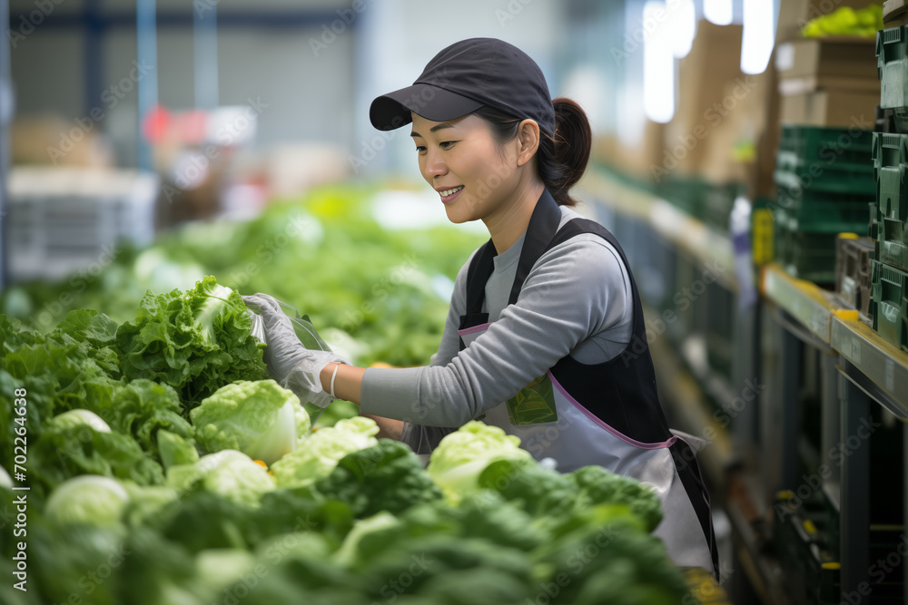 Women sort cabbage into boxes and check quality at a vegetable factory ...